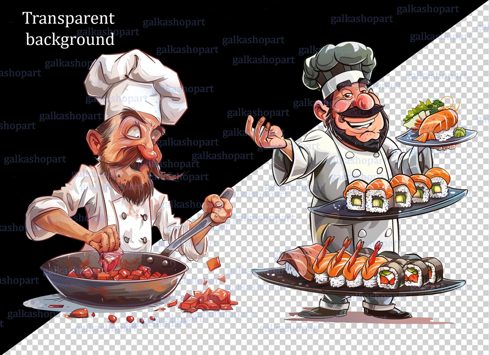Funny Chef Cartoon Clipart: Goofy Cook and Baker PNG Set, Kitchen Decor ...