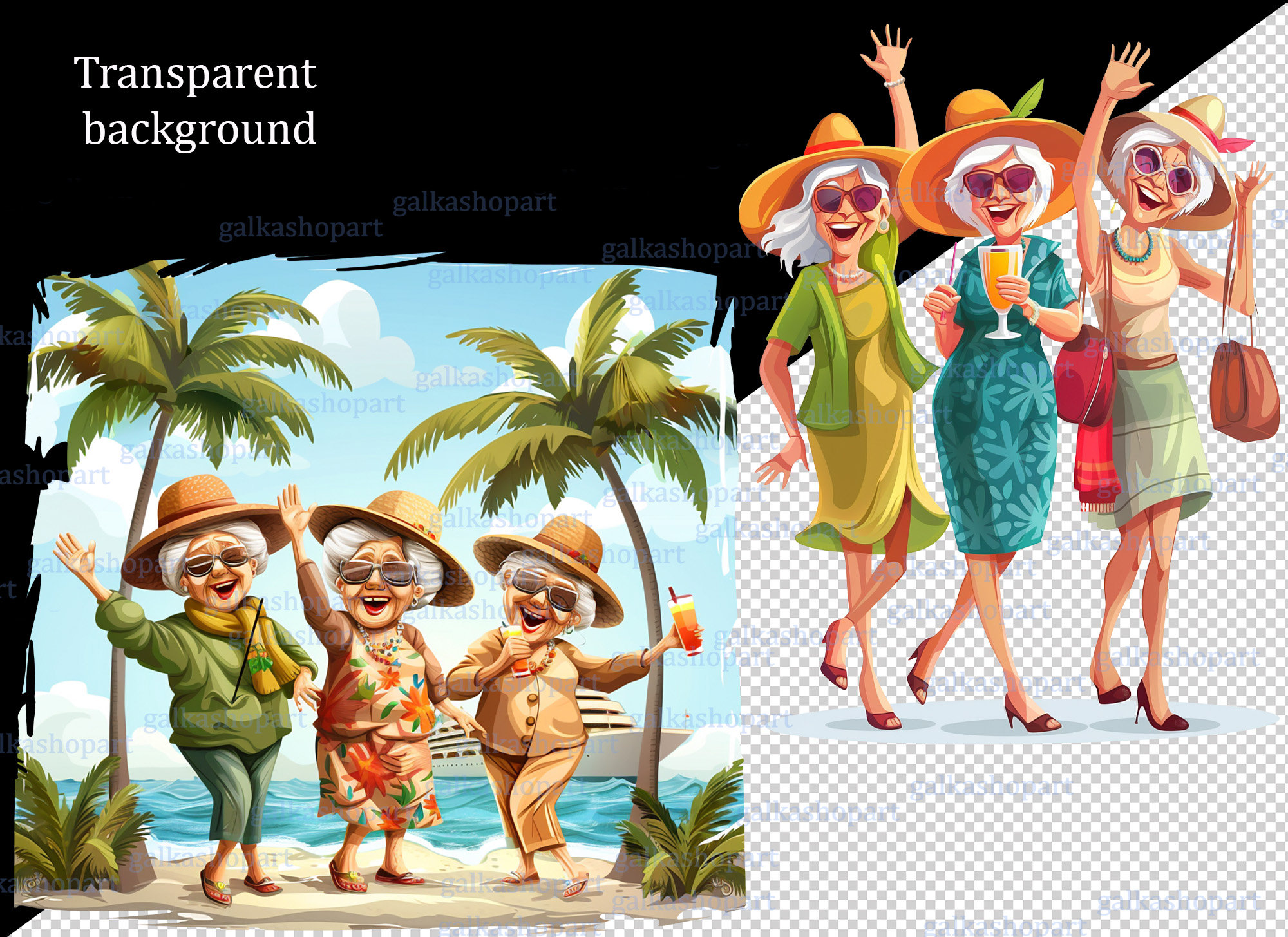 Three Old Ladies Traveler Clipart PNG: Funny Traveling Woman, Cute ...