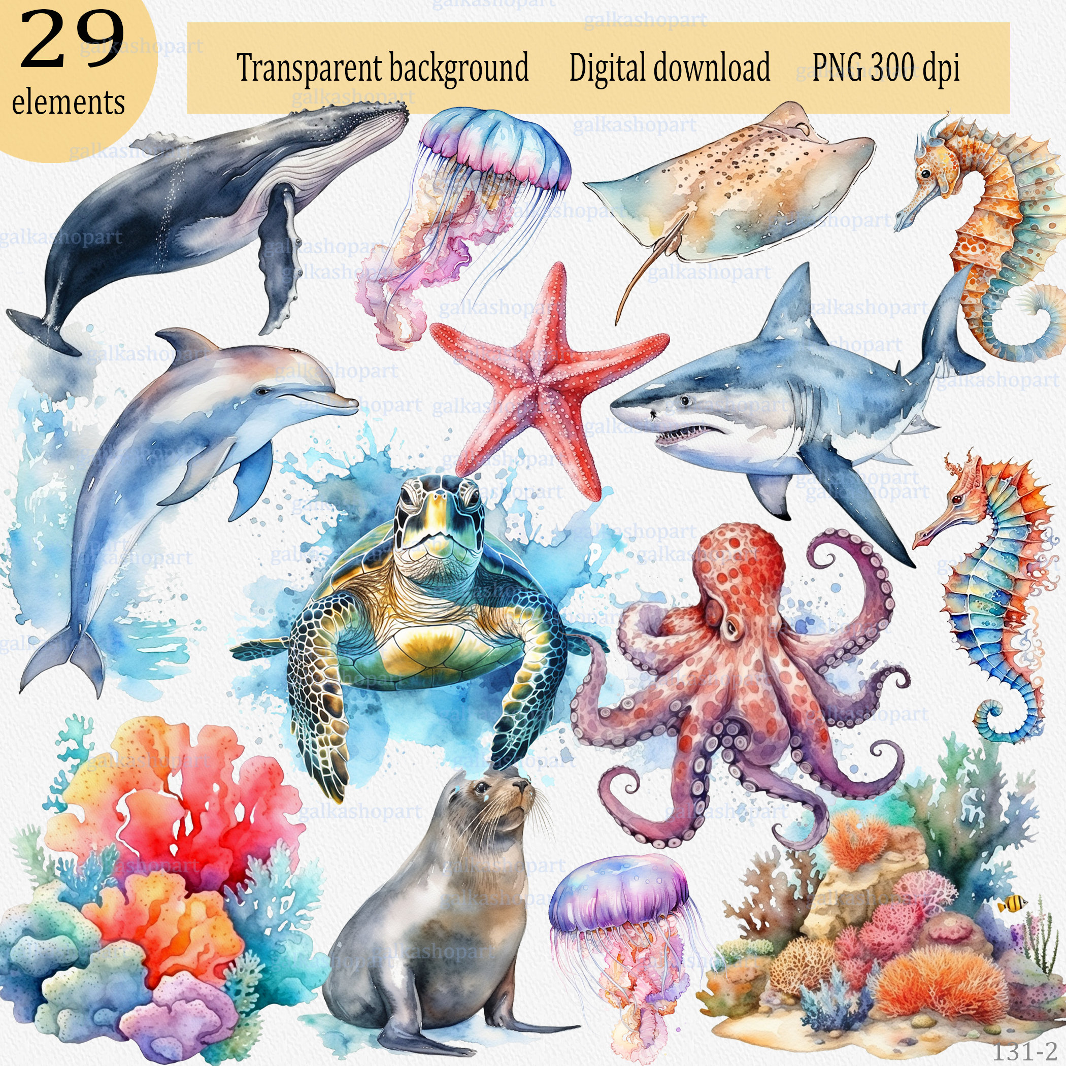 Watercolor Ocean Animals Clipart Set: Sea Life PNG Collection, Marine ...