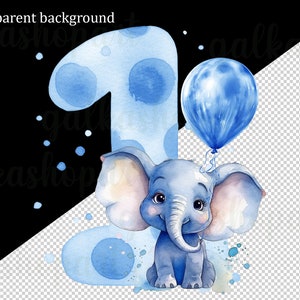 First Birthday Boy Clipart Watercolor Cute Baby Elephant With - Etsy