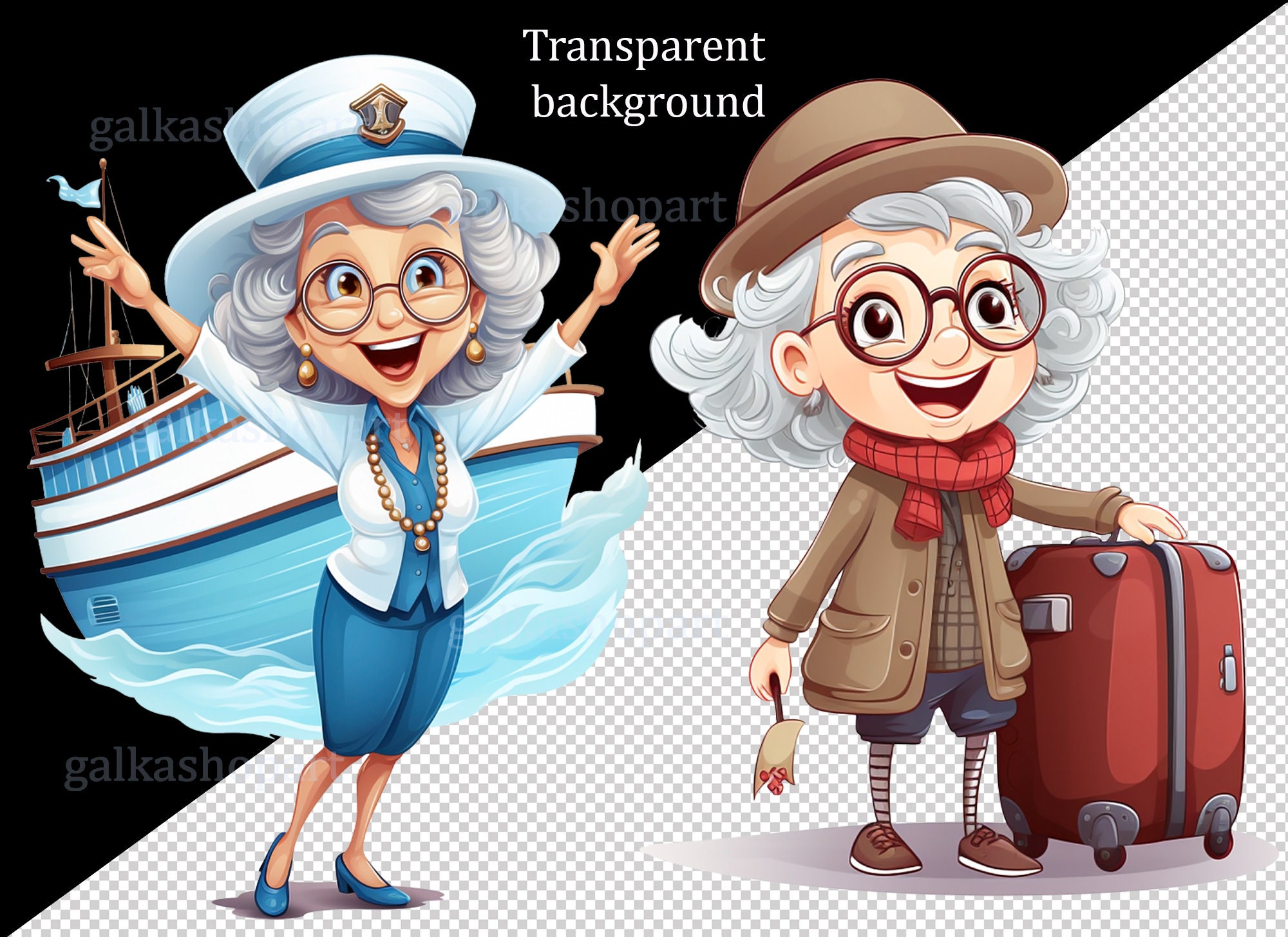 Old Ladies Traveler Clipart PNG: Funny Traveling Woman, Cute Cartoon ...