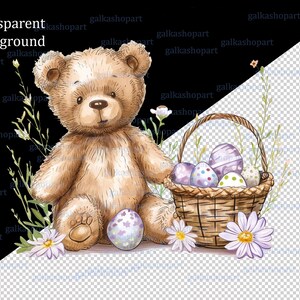 Illustration of Teddy Bear & Easter Basket With Eggs and Wildflowers ...