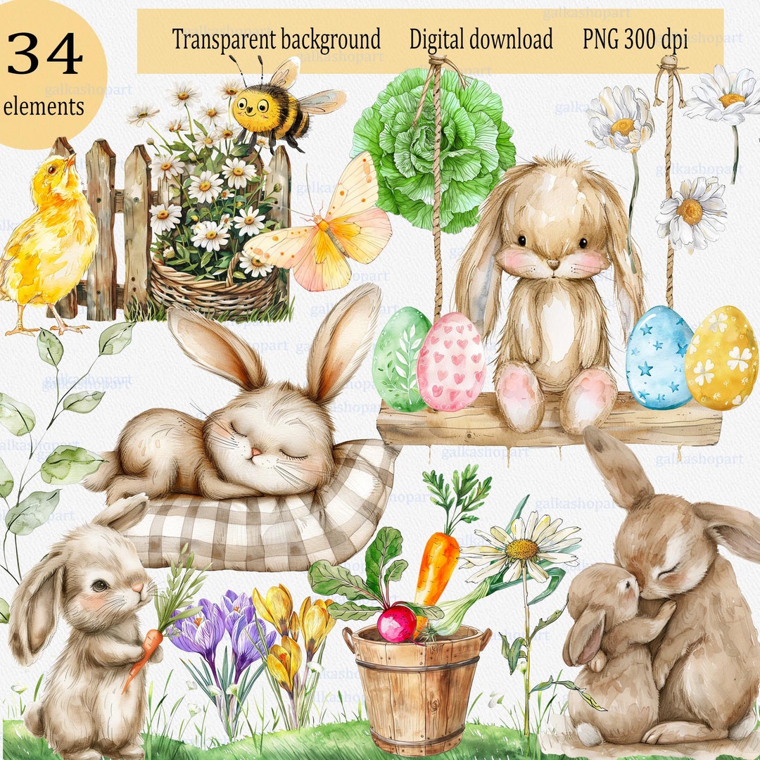Easter Bunnies Clipart PNG: Watercolor Rabbit and Other Spring Elements ...