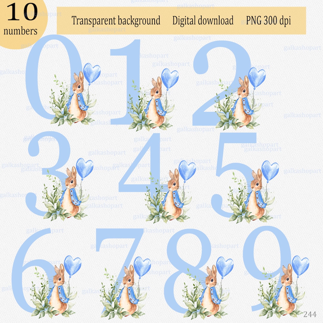 Peter Rabbit Blue Numeral Clipart: Set of 10 Individual Number With ...