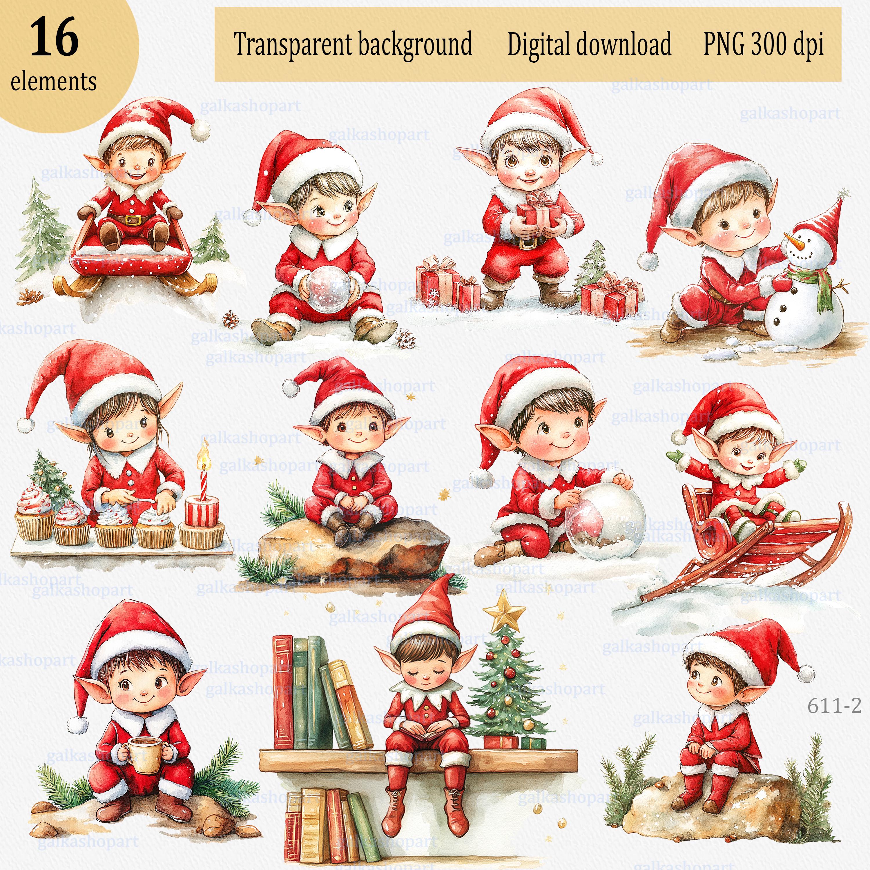 Christmas Elf PNG Set: 16 Watercolor Clipart With Santa’s Helpers ...