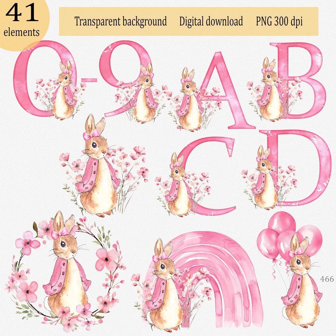 Peter Rabbit Pink Alphabet & Numeral Clipart PNG: 26 Watercolor ...