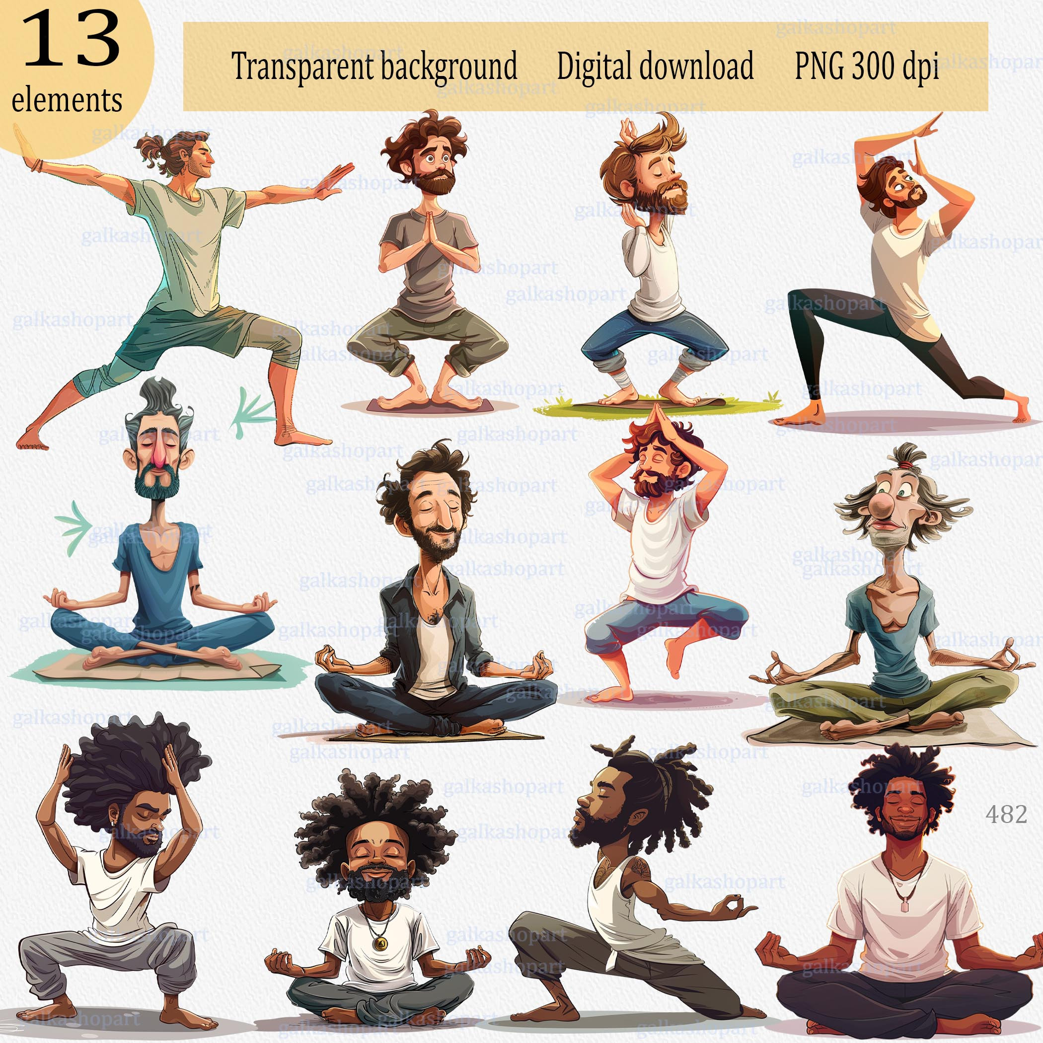 Yoga Men Cartoon Clipart: 13 PNG Meditation Poses Set for Sublimation ...