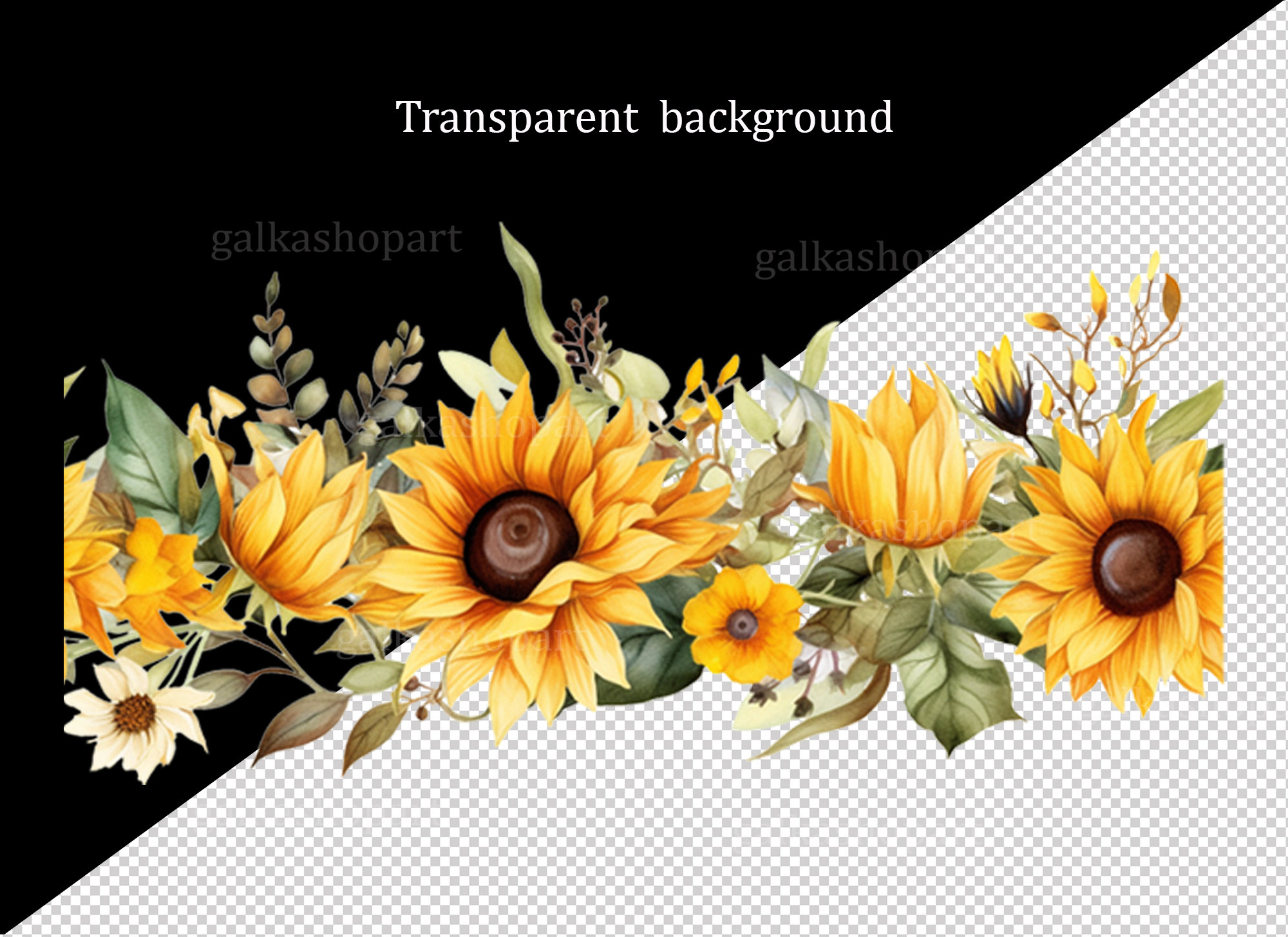 Sunflowers Border Clipart; Floral Frame PNG; Watercolor Flower Garland ...