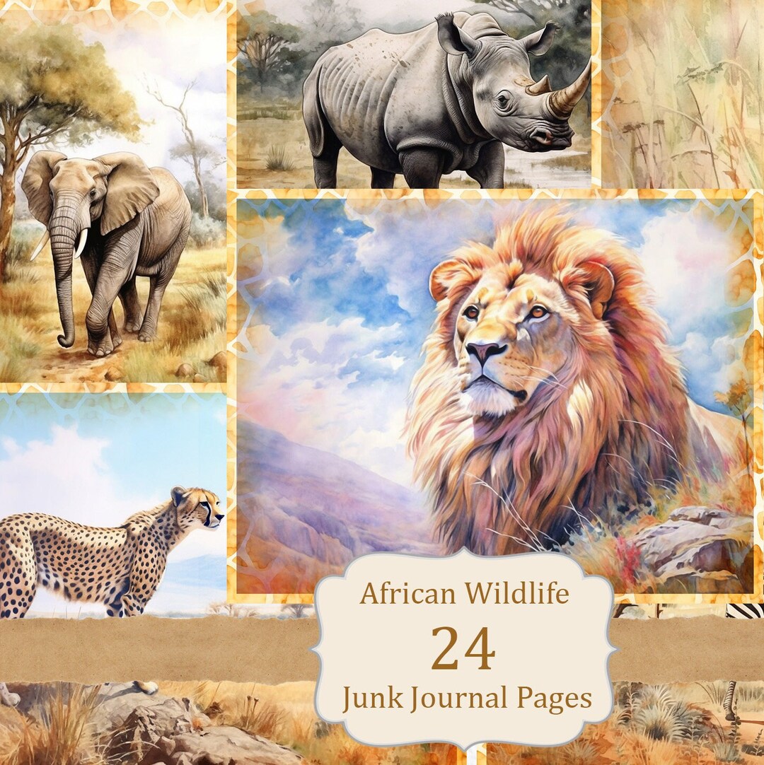 Watercolor African Wildlife Scene, Junk Journal Kit, Wild Savannah ...