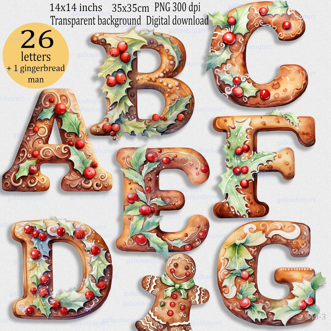 Clipart Set of 30 Gingerbread Alphabet: Watercolor Christmas Font ...