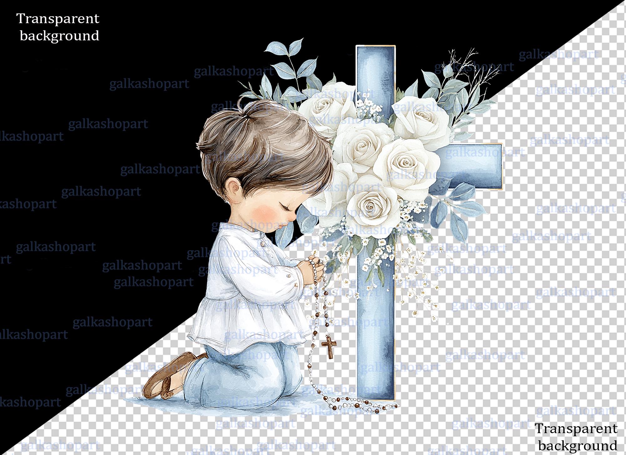 First Holy Communion PNG – Praying Girl Watercolor Clipart, Pink Floral ...