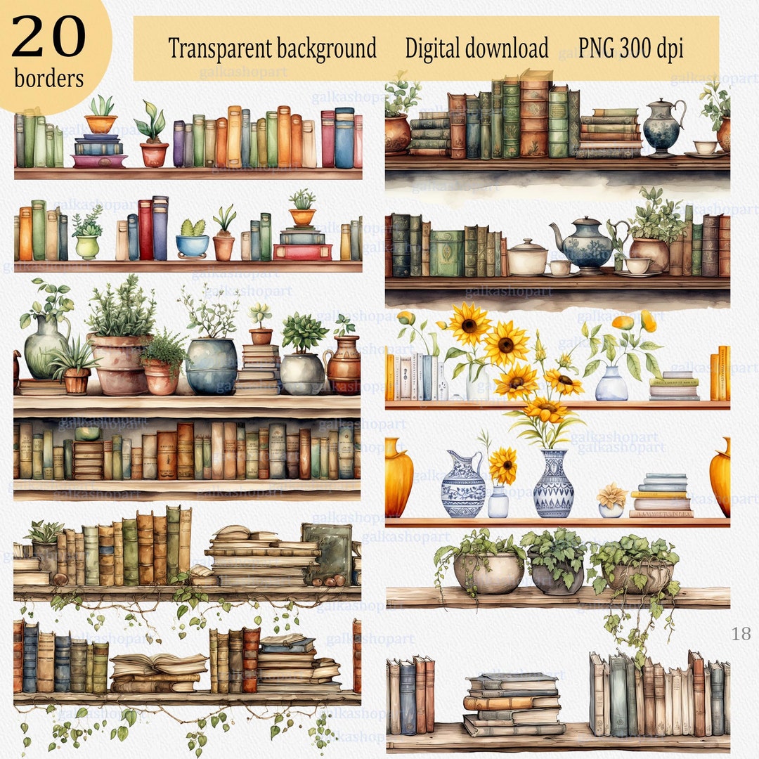 Seamless Repeating Bookshelf Borders: Watercolor Clipart PNG Rows of ...