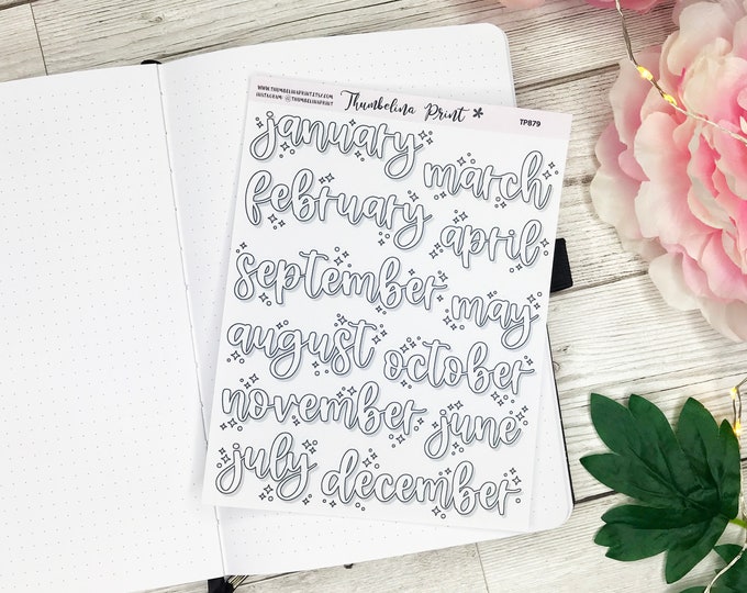 Cursive Stars Outline Monthly Script Planner Stickers | Decorative ...