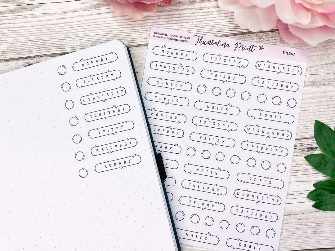 Weekly Oval Script Stickers With Stars in Black and White | Decorative ...