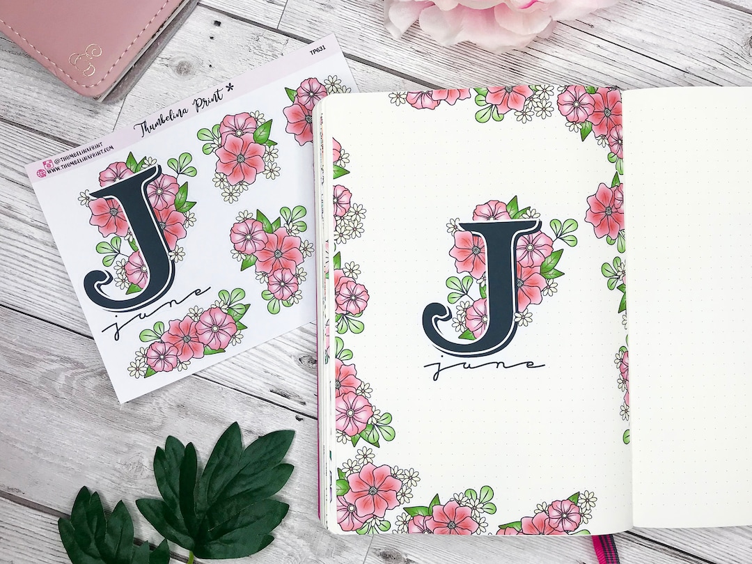 June Floral Initial Title Page Planner Stickers | Decorative ...