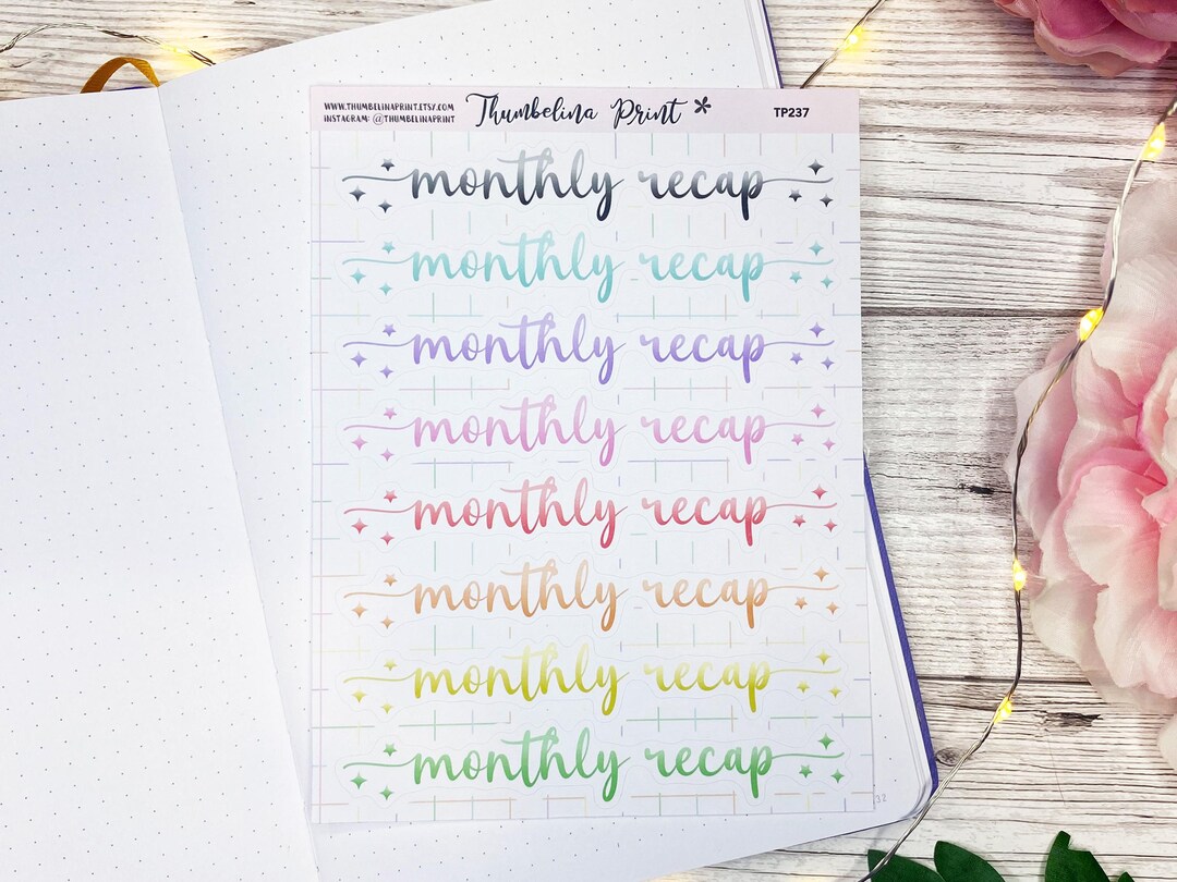Monthly Recap Rainbow Script Planner Stickers | Decorative & Functional ...
