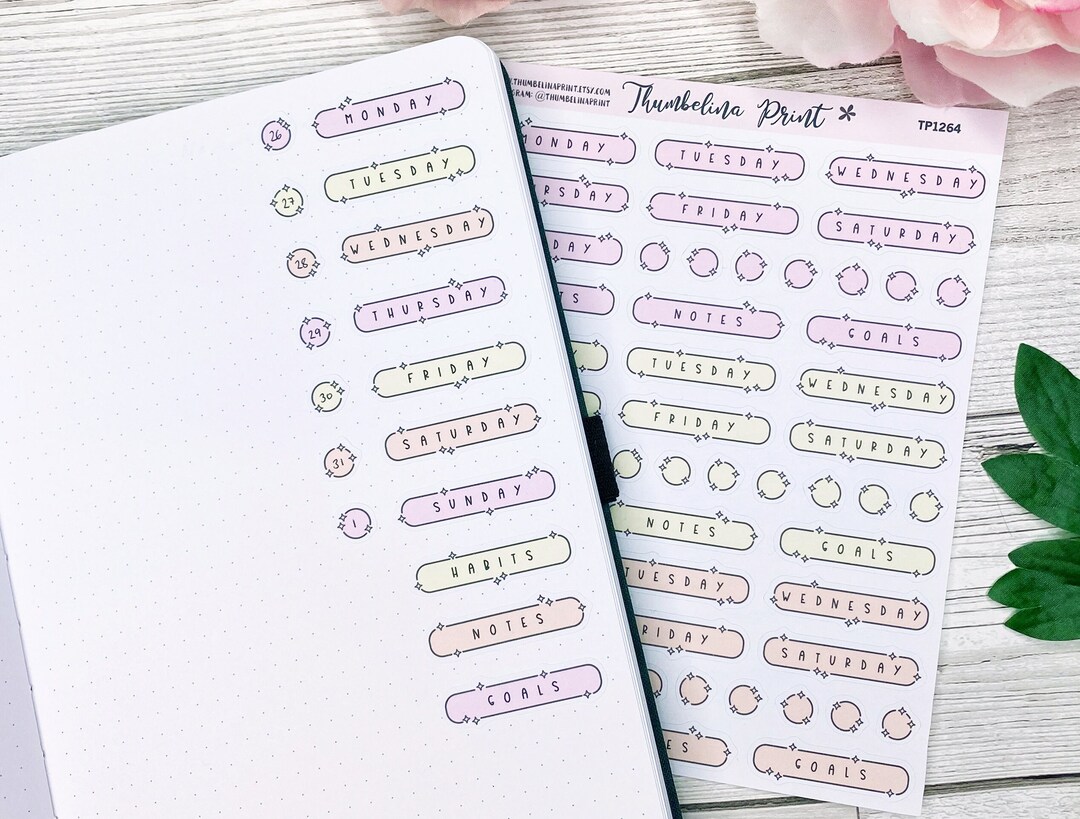 Weekly Oval Script Stickers With Stars in Pink, Yellow and Orange ...
