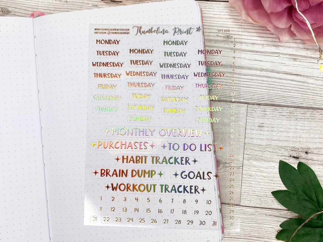 Holographic Gold Floral Moon Script Stickers | Decorative & Functional ...