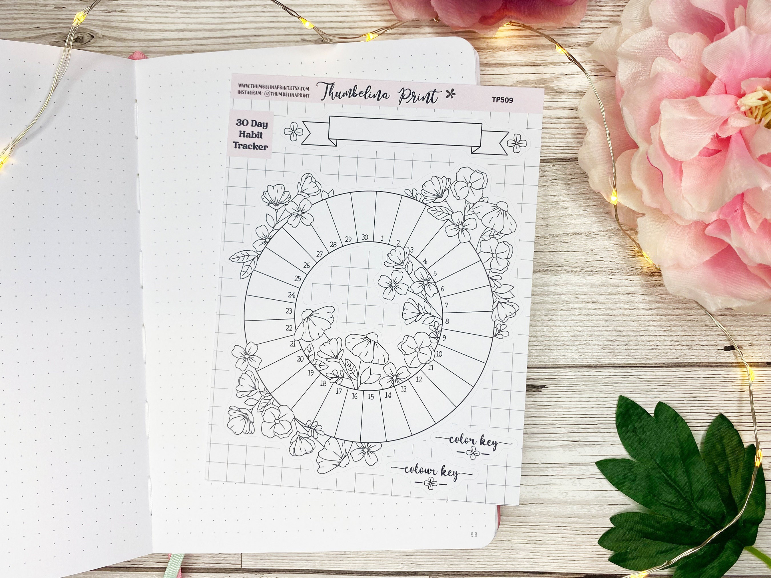 30 Day Month Circle Floral Tracker Sticker in Black & White ...