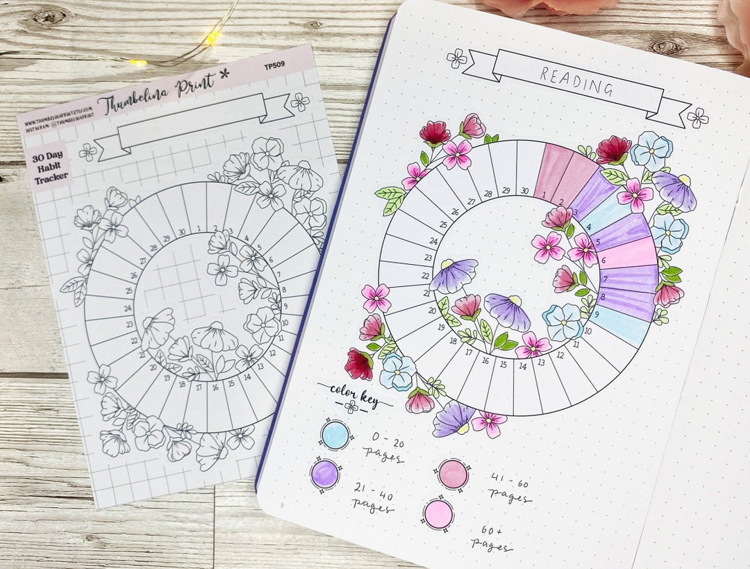 30 Day Month Circle Floral Tracker Sticker in Black & White ...