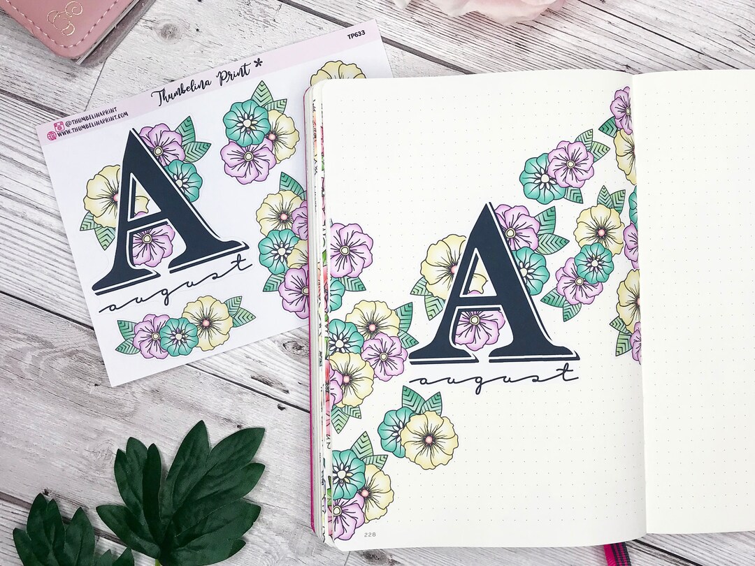 August Floral Initial Title Page Planner Stickers | Decorative ...