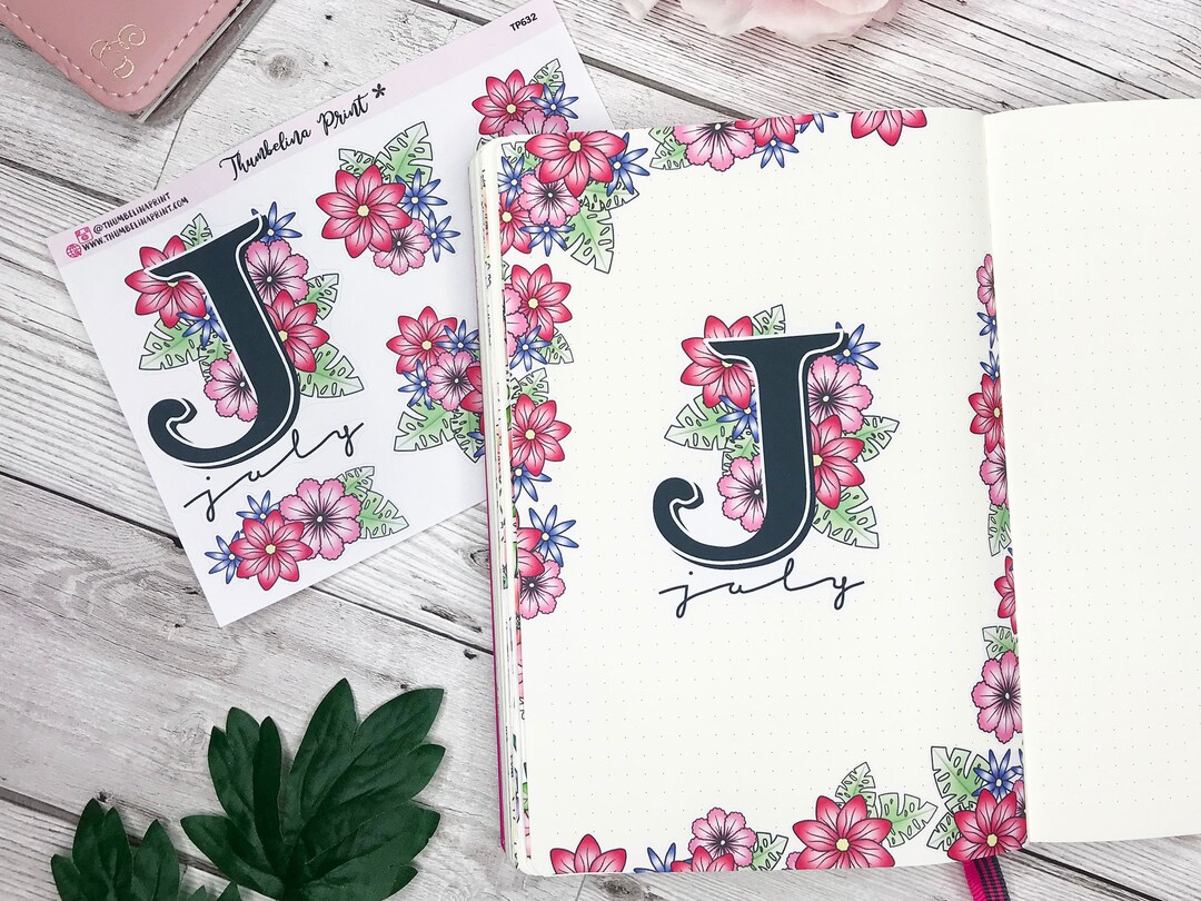 July Floral Initial Title Page Planner Stickers | Decorative ...