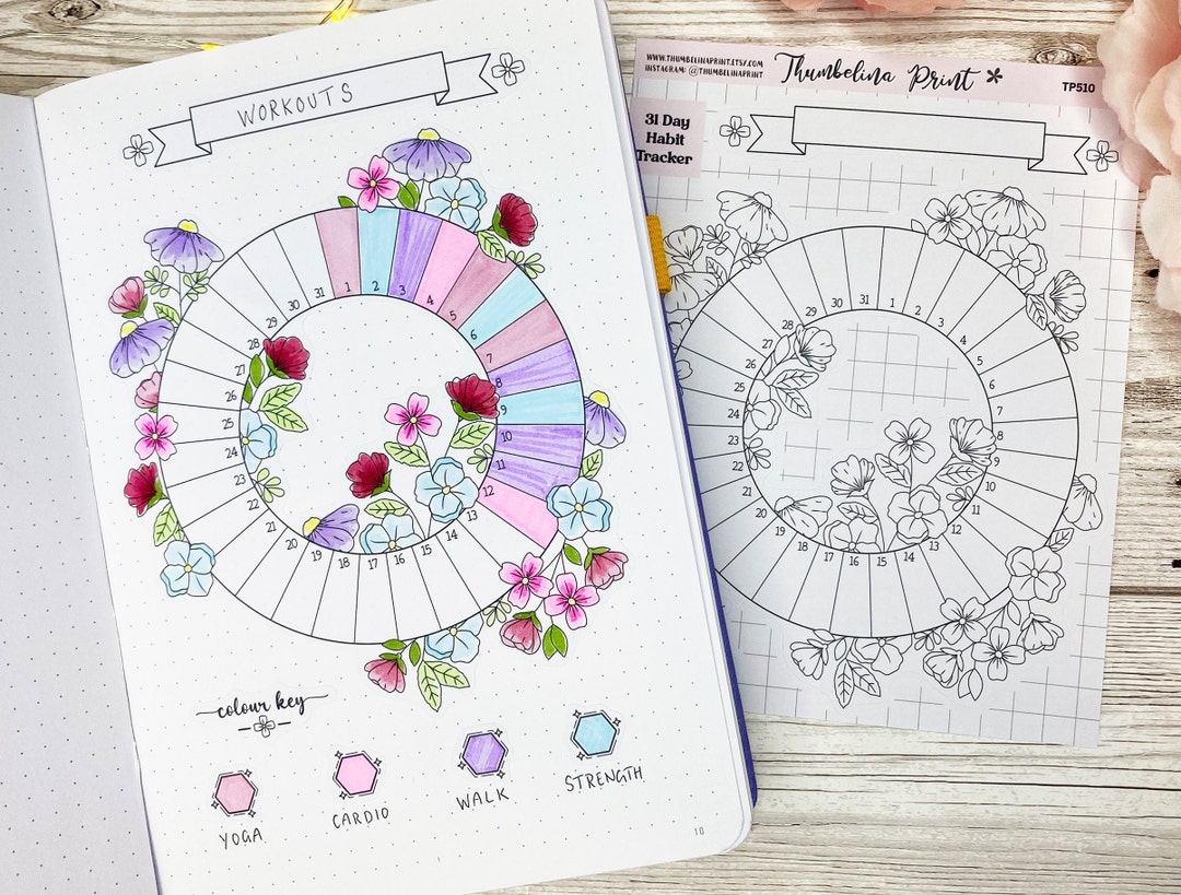 31 Day Month Circle Floral Tracker Sticker in Black & White ...