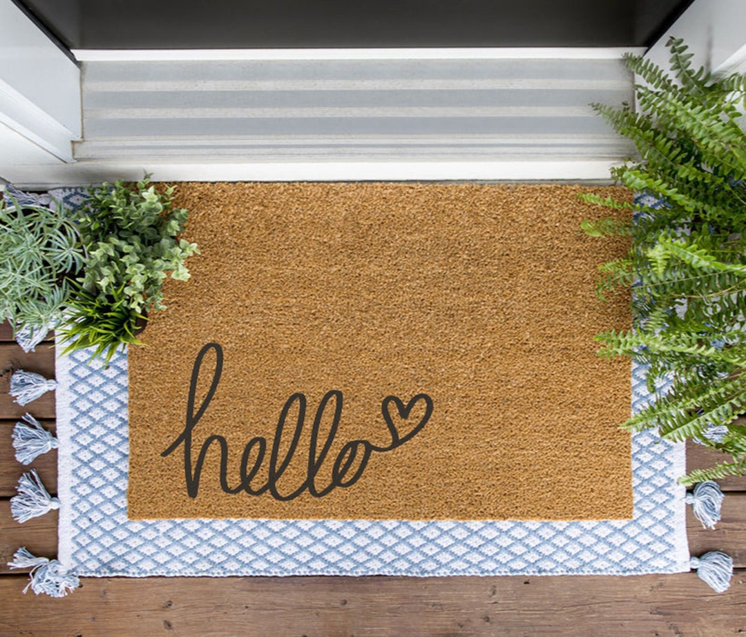 Hello Cursive Script Heart Door Mat, Heart Doormat, Custom Mat ...