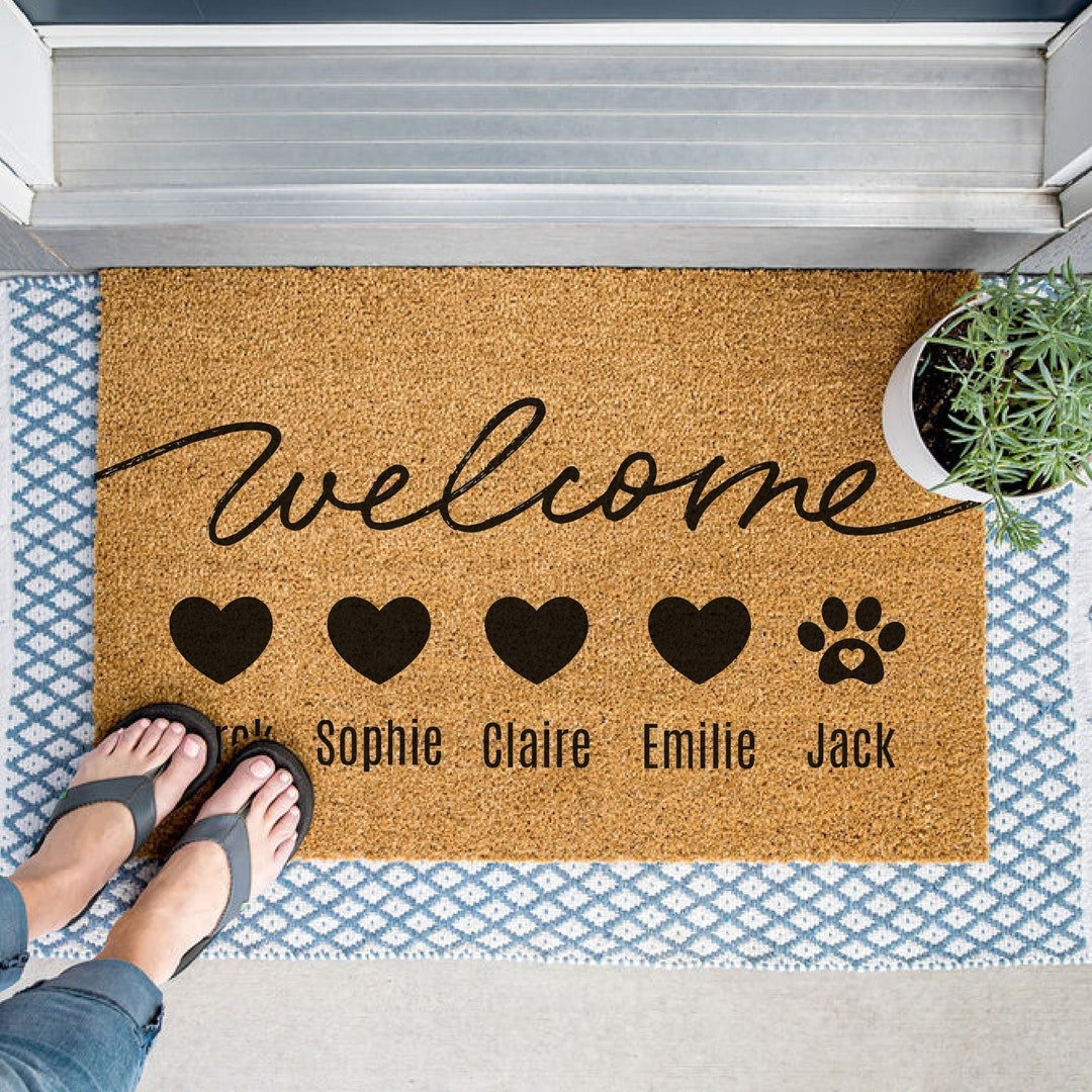 Family and Dog Welcome Mat, Family Names Doormat, Cute Dog Door Mat ...