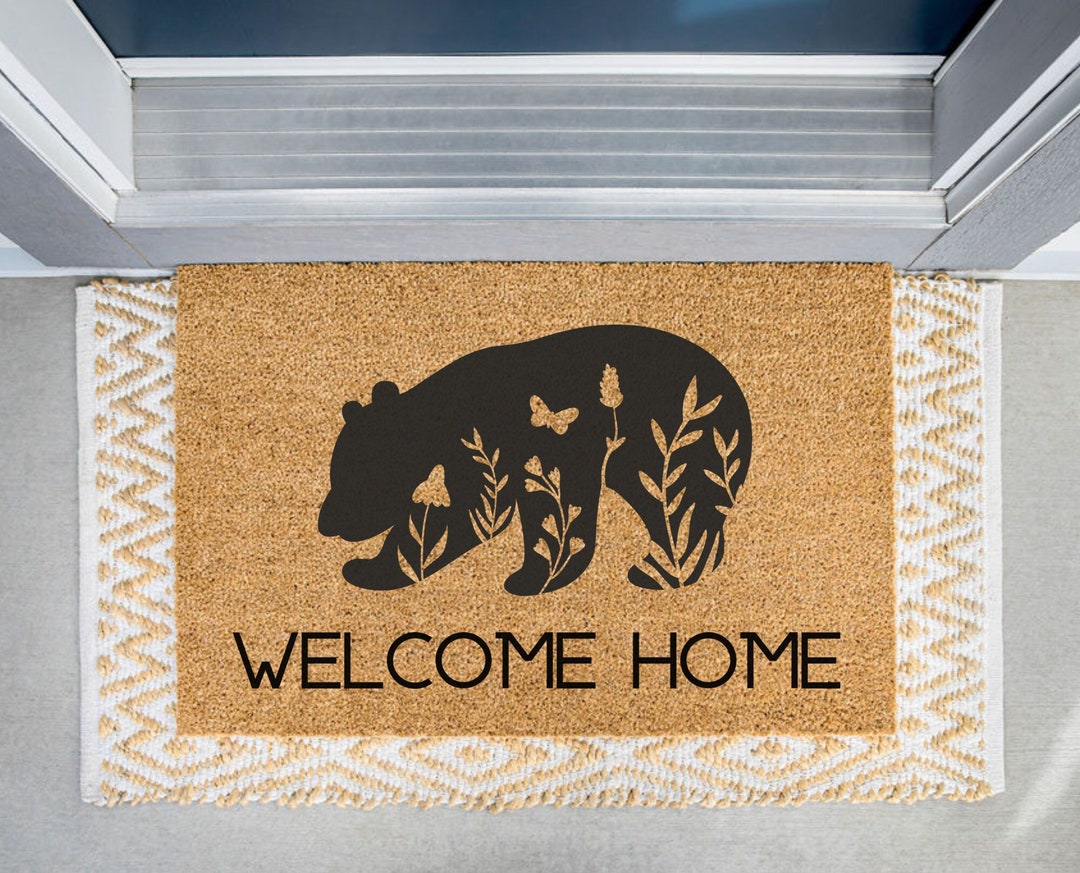 Bear Floral Welcome Doormat, Bear Door Mat, Flower Doormat, Welcome ...