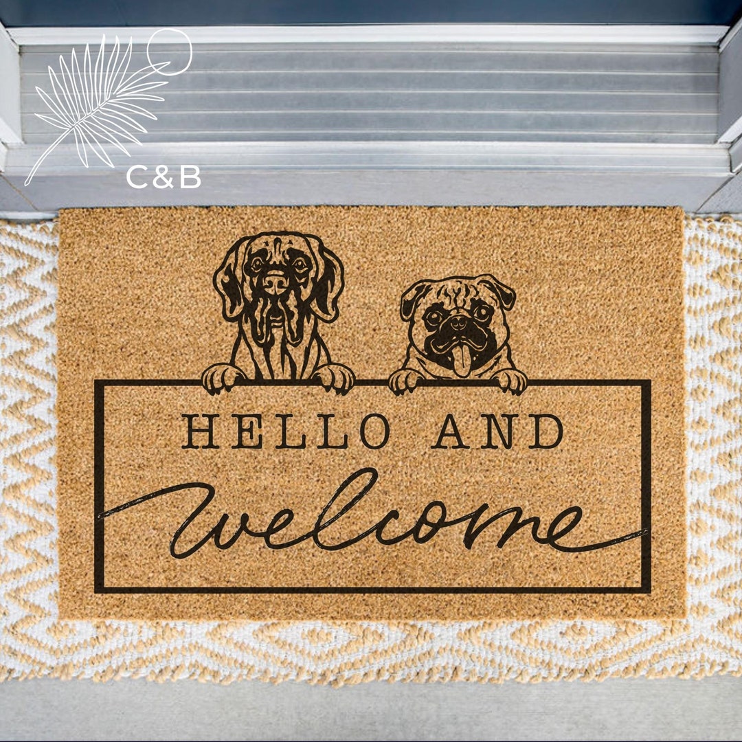 Custom Hello and Welcome Dog Doormat, Pug Welcome Mat, Cute Dog Door ...