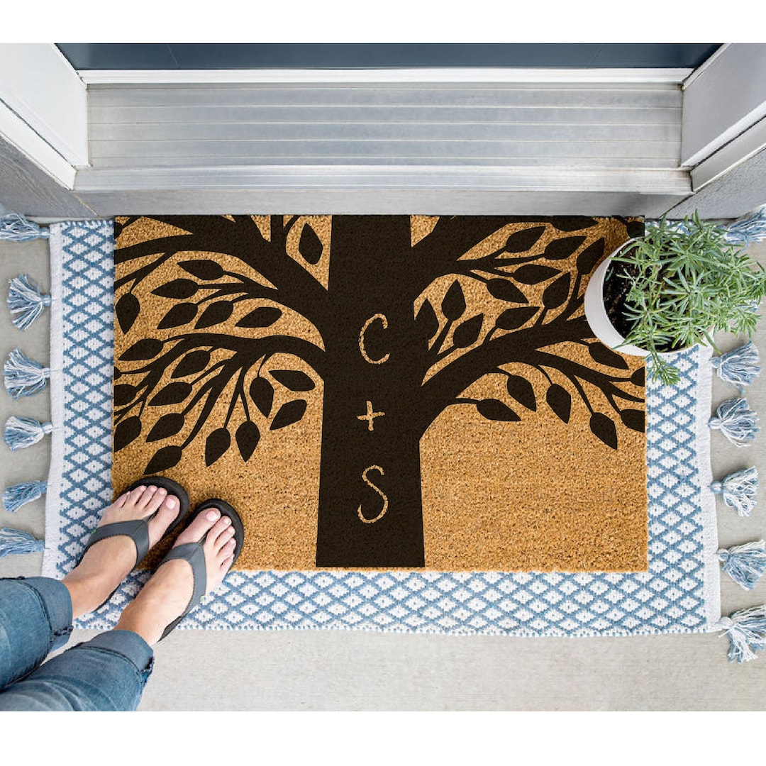 Tree With Initials Doormat, Custom Door Mat, Valentine Welcome Mat ...