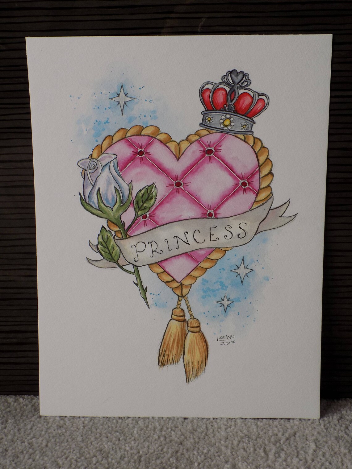 Original Pink Princess Heart Rose and Crown Tattoo Style - Etsy