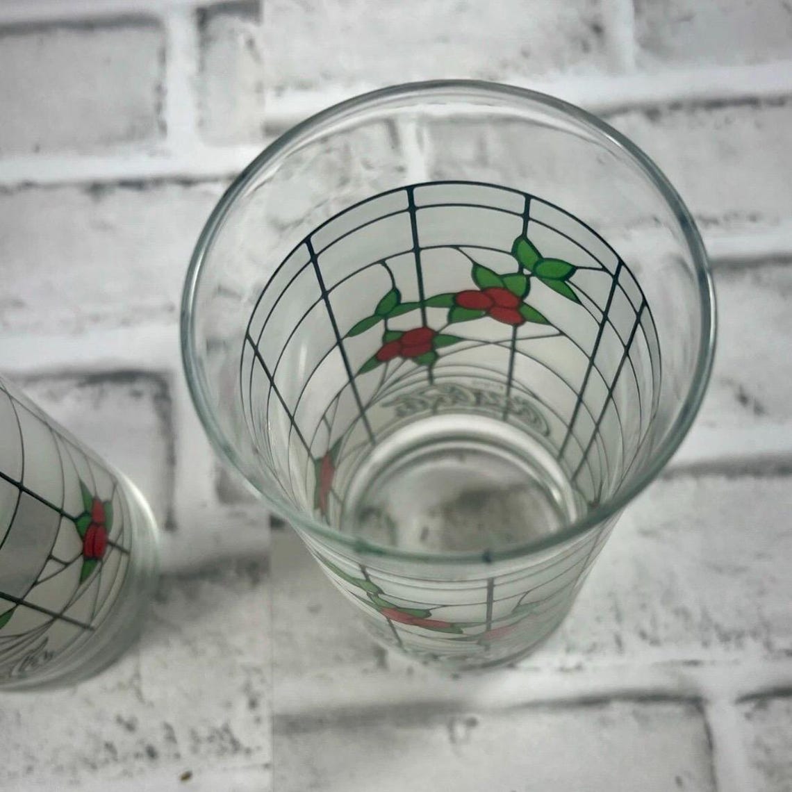 Coca Cola Set of 2 Libbey Frosted Stained Glass Look Glasses Holly ...