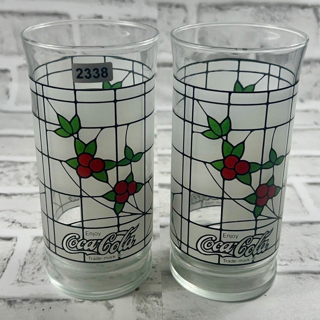 Coca Cola Set of 2 Libbey Frosted Stained Glass Look Glasses Holly ...