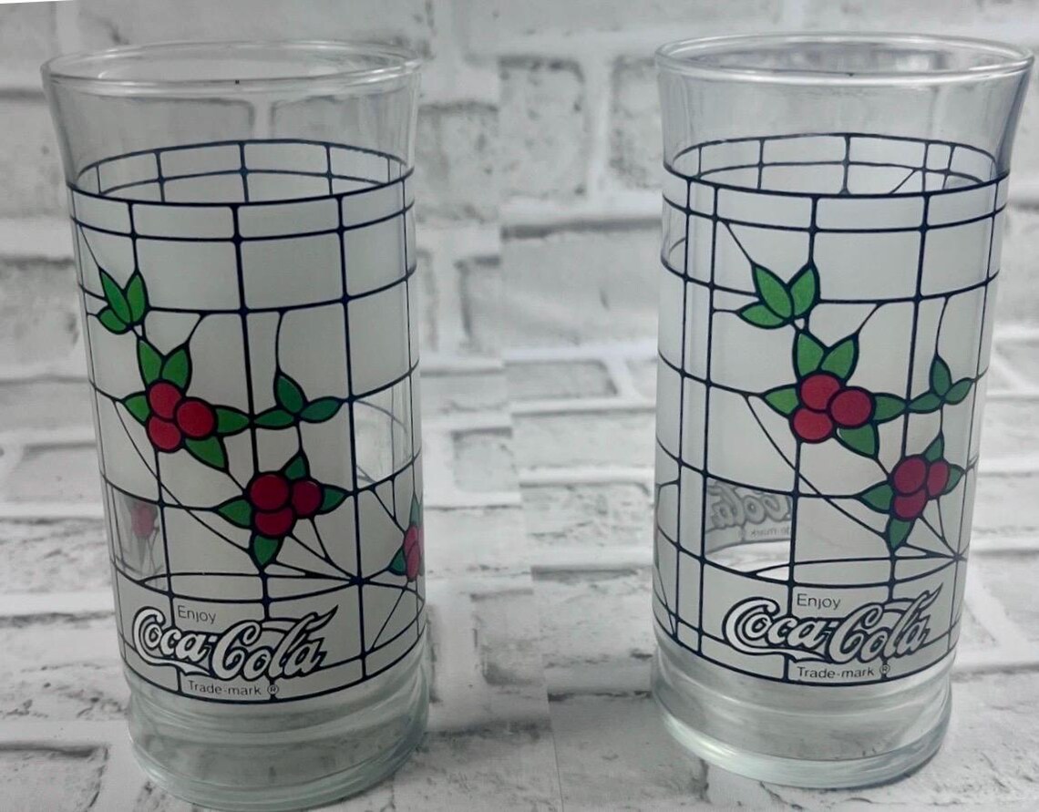 Coca Cola Set of 2 Libbey Frosted Stained Glass Look Glasses Holly ...