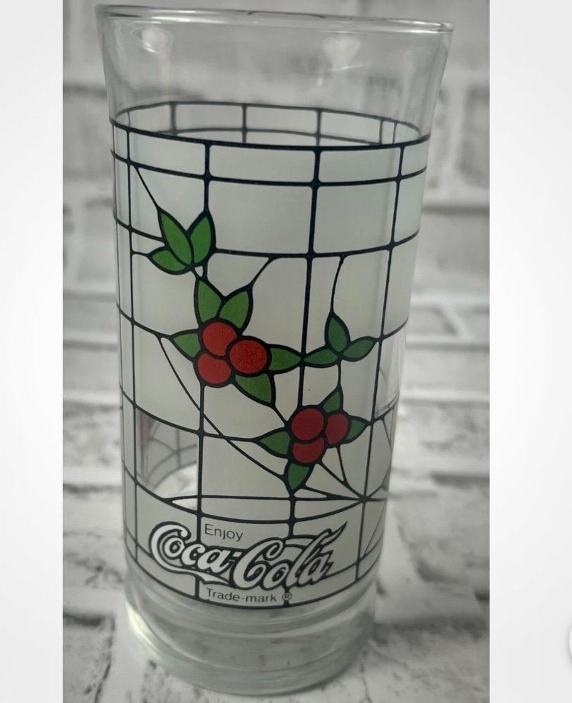 Coca Cola Set of 2 Libbey Frosted Stained Glass Look Glasses Holly ...
