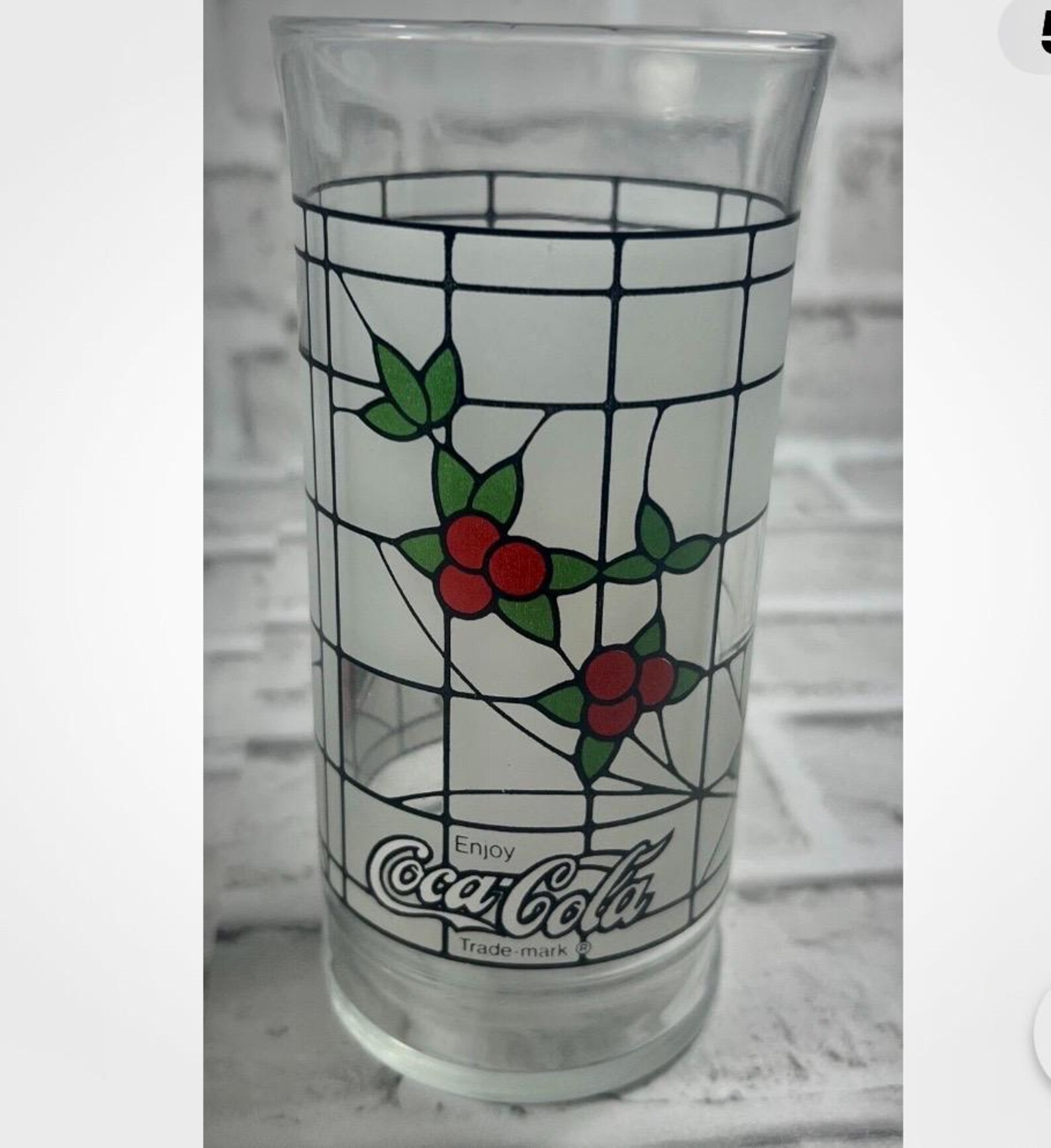 Coca Cola Set of 2 Libbey Frosted Stained Glass Look Glasses Holly ...