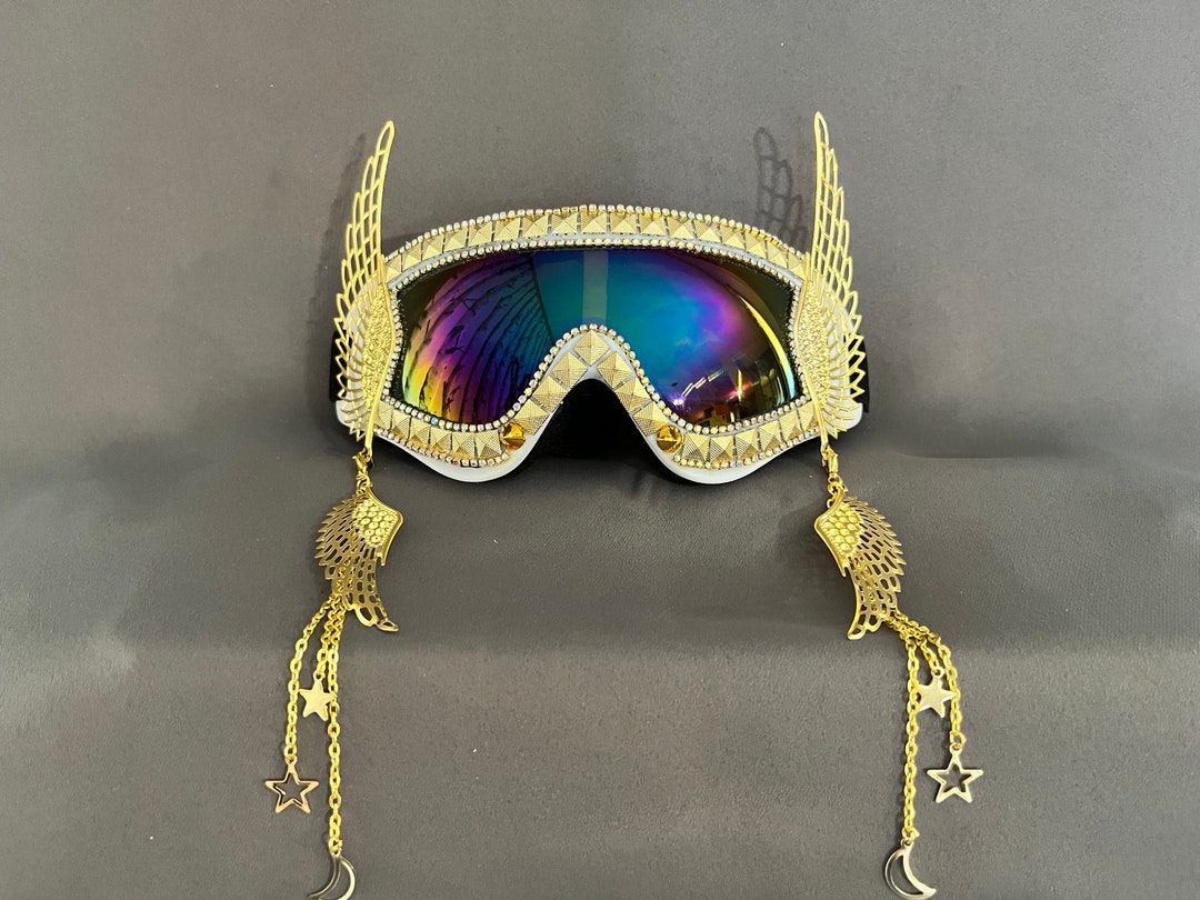 Made-to-order | Disco Hermes Deluxe Gold Winged Goggles | Festival ...