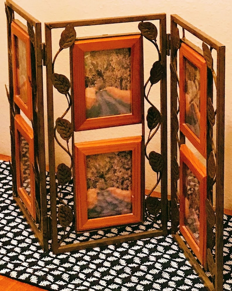 Mcm/early American Tri-fold PICTURE FRAME Wood and Antique Brass Trim ...