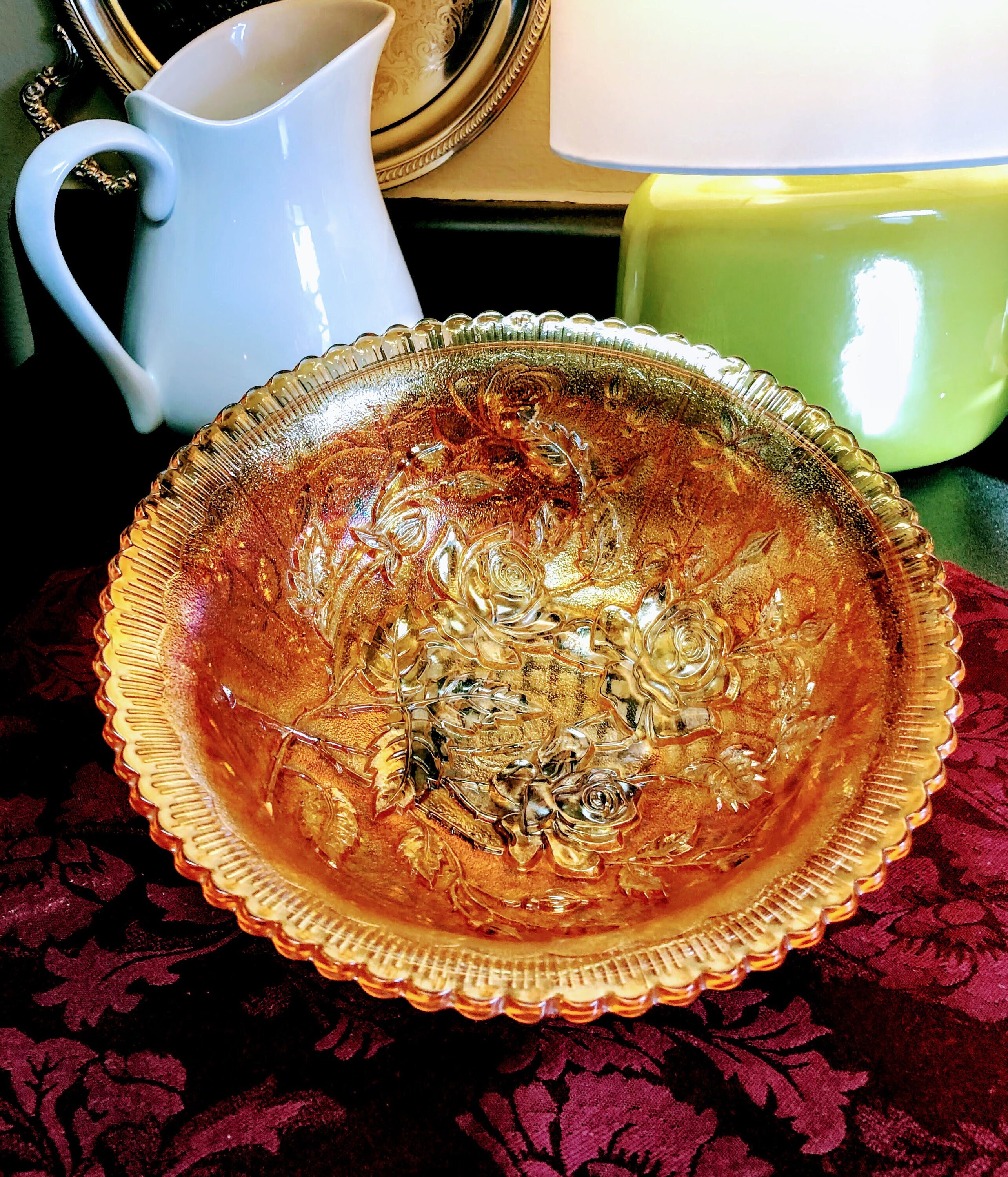 Vintage IMPERIAL 10 CARNIVAL GLASS Bowl for Serving or Display Beautiful 'open Rose' Pattern in ...