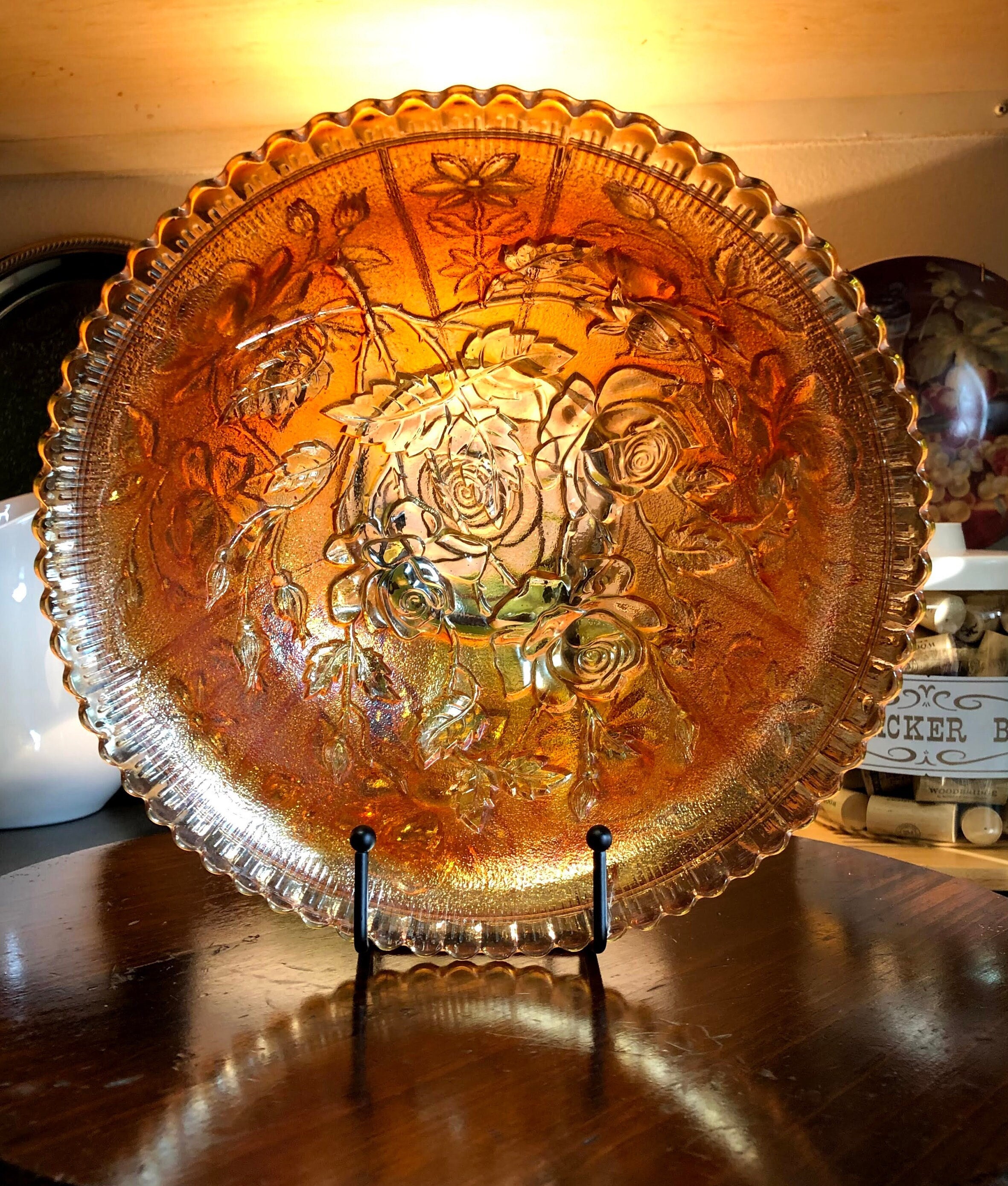 Vintage IMPERIAL 10 CARNIVAL GLASS Bowl for Serving or Display Beautiful 'open Rose' Pattern in ...