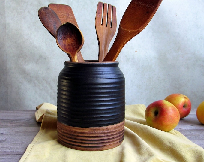 Ceramic Utensil Holder,matt Black Stoneware Storage Jar,cottage Kitchen ...