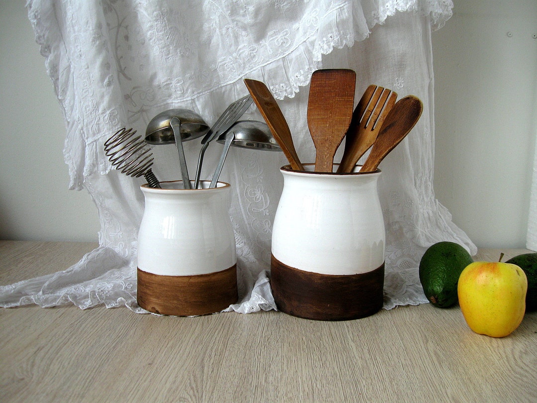 Stoneware Utensil Holder,ceramic Storage Jar,cottage Kitchen Decor ...