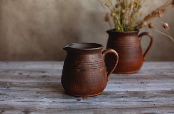 Clay Pitcher Brown Stoneware Jug Rustic Serving Drinkware - Etsy