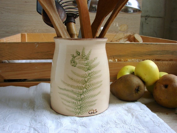Stoneware utensil holderCeramic storage jarCottage kitchen | Etsy