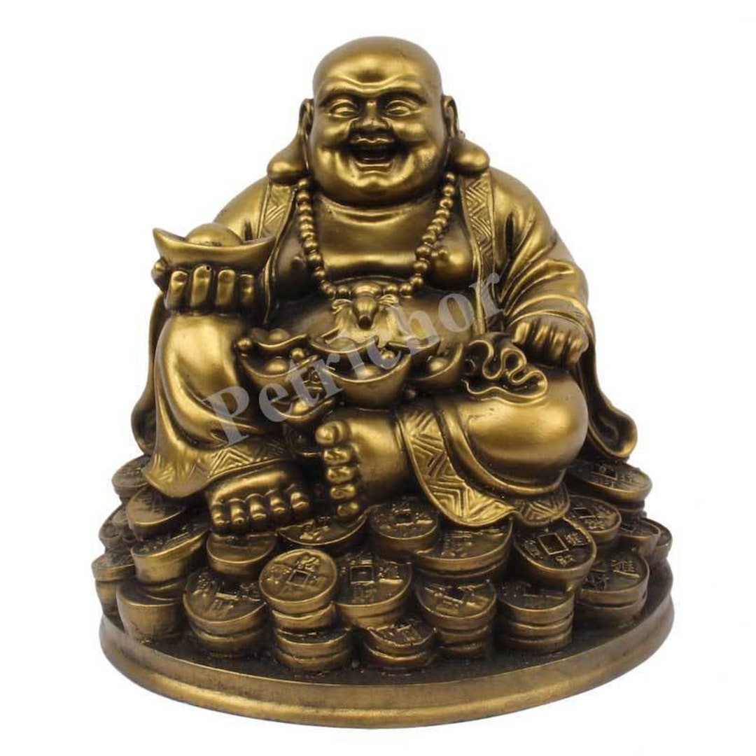 Fengshui Laughing Buddha Sitting on Luck Money Coins Carrying Golden ...