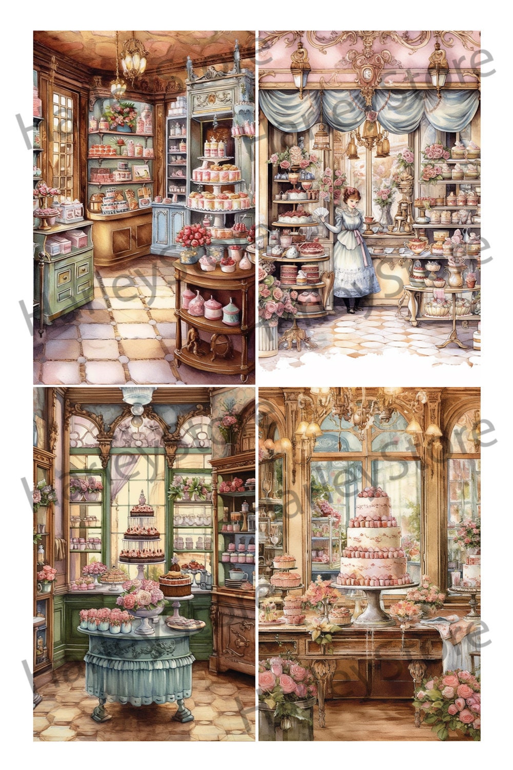 Victorian Cake Shop Interior Printable Ephemera Watercolor JPG Elements ...