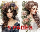 Beautiful Girls and Flowers Printable Ephemera Watercolor - Etsy