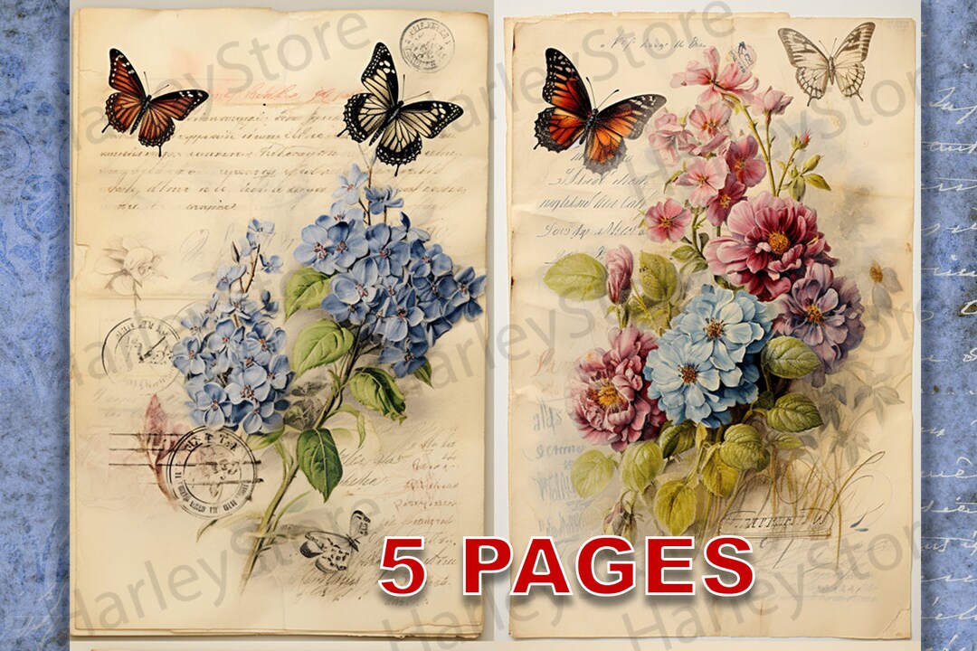 Butterfly and Flowers Printable Ephemera Watercolor Clipart JPG ...